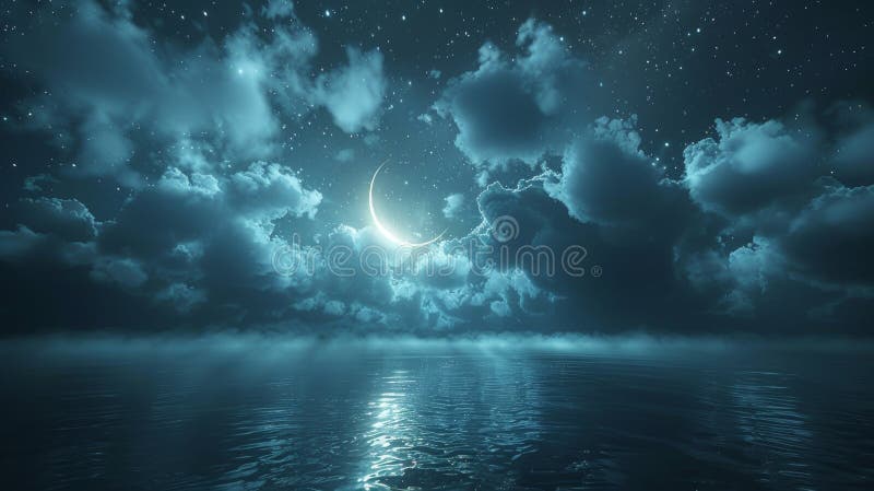 Magical Moonlit Evening Over Shimmering Waters with Clouds and a Starry ...