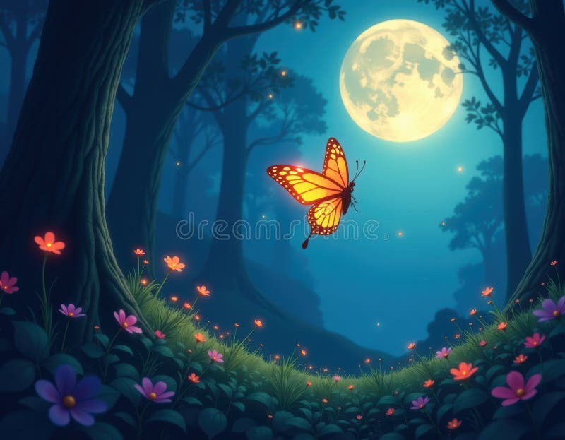 Magical Moonlit Forest with Butterfly Stock Illustration - Illustration ...