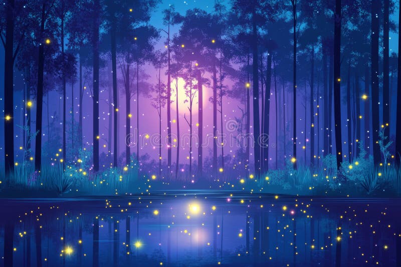 Magical Moonlit Forest at Night with Radiant Flora Stock Image - Image ...