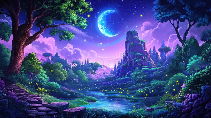 Magical Moonlit Forest Path Fantasy Landscape Game Background Stock ...