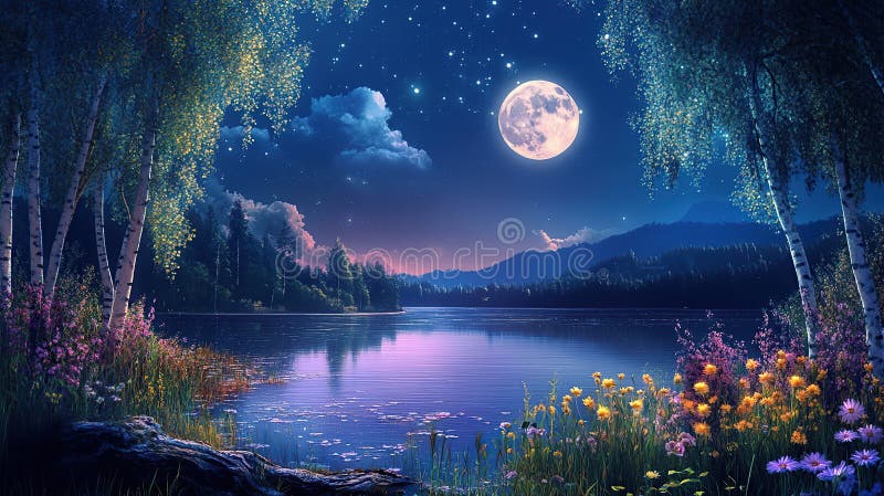 Magical Moonlit Lake Scene with Flowers and Trees Stock Illustration ...