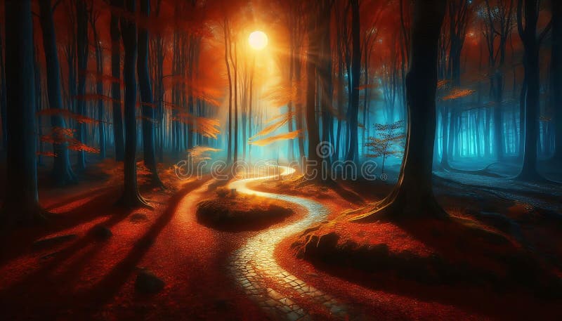 Magical Moonlit Path Winding through an Autumn Forest, with Glowing ...