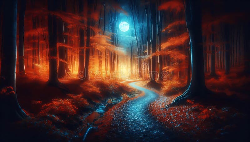 Magical Moonlit Path Winding through an Autumn Forest, with Glowing ...