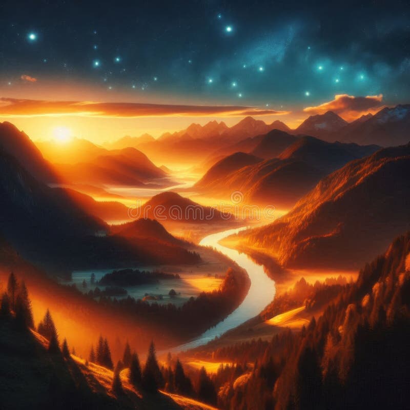 A Magical Mountain Valley Bathed in the Golden Glow of Twilight Stock ...