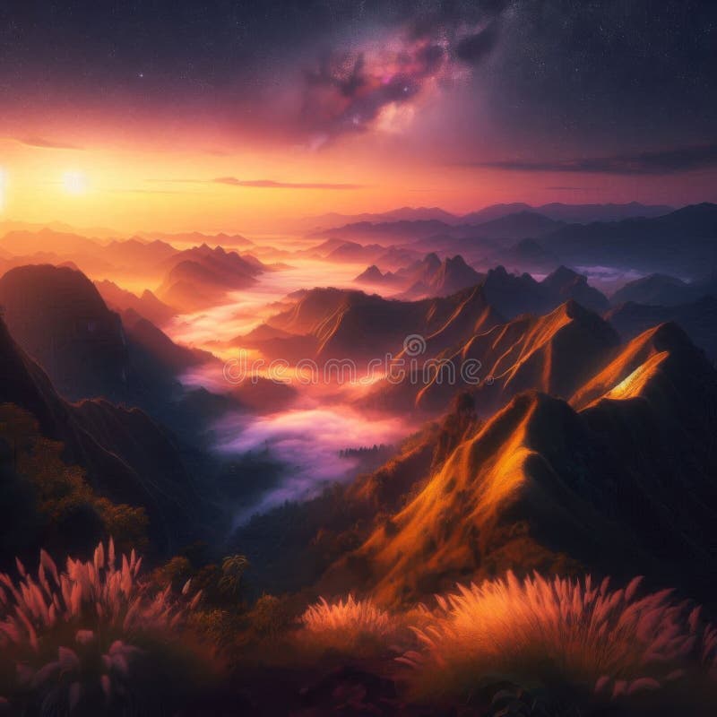 A Magical Mountain Valley Bathed in the Golden Glow of Twilight Stock ...