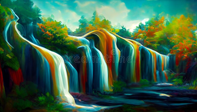 Magical Mountain Waterfall in the Forest. Artistic Effect. Digital ...