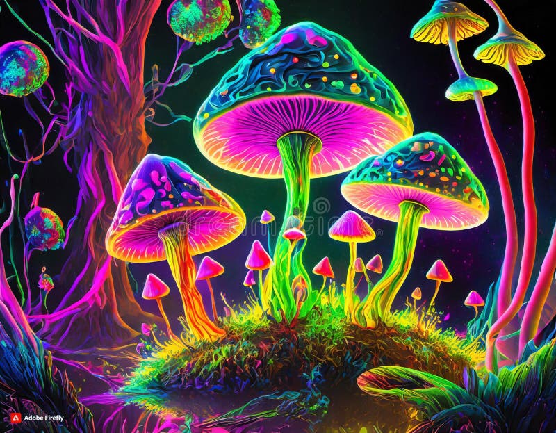 Magical Neon Mysterious Mushrooms. Growing Microorganisms. Fluorescent ...