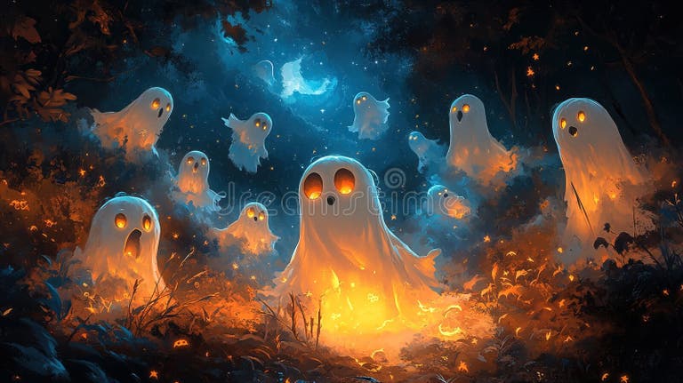 Magical Night with Glowing Ghosts in Enchanted Forest Stock Photo ...