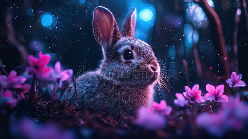 Magical Night Rabbit in a Fantasy Forest Stock Illustration ...