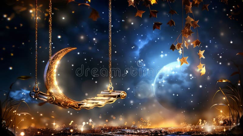 Magical Night Scene with Crescent Swing. Generative Ai Stock ...