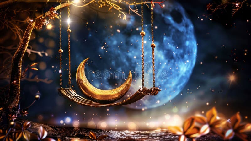 Magical Night Scene with Crescent Swing. Generative Ai Stock ...