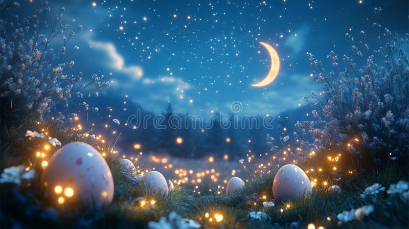 Magical Night Scene with Glowing Easter Eggs and Crescent Moon Stock ...