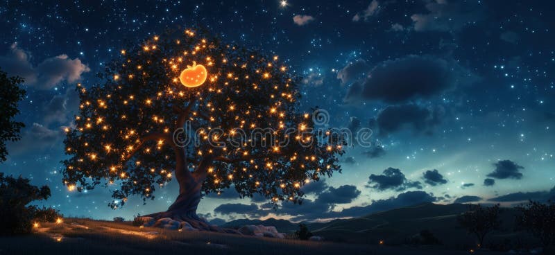 Magical Night Scene with Glowing Tree and Starry Sky in Serene ...