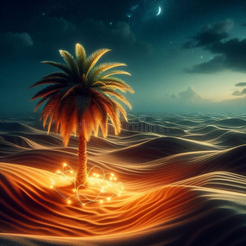 Magical Night Scene with Illuminated Palms Stock Photo - Image of scene ...