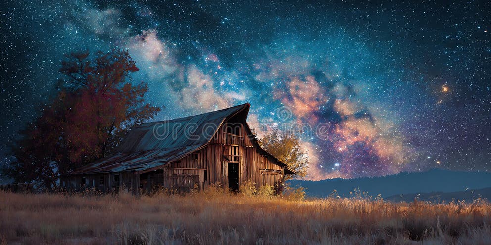 Magical Night Scene Rustic Cabin Under a Starry Sky Stock Illustration ...