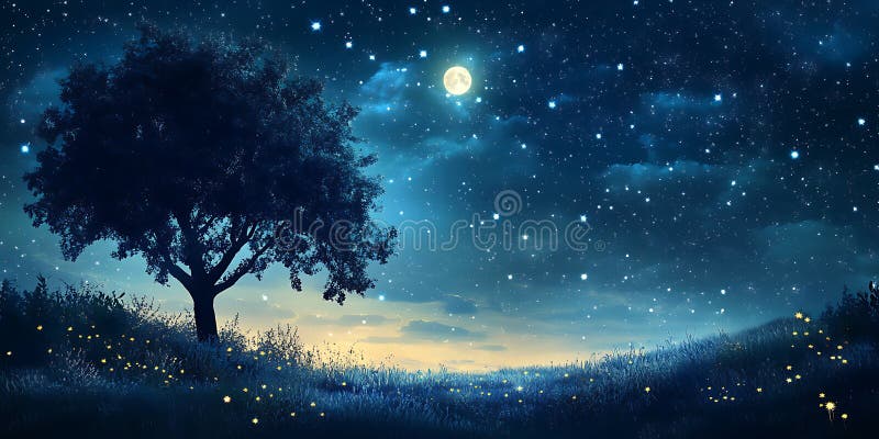 Magical Night Scene: Tree Under Starry Sky Stock Illustration ...
