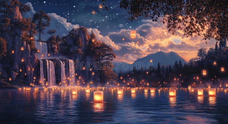 A Magical Night Scene with a Waterfall, Lanterns, and a Starry Sky with ...