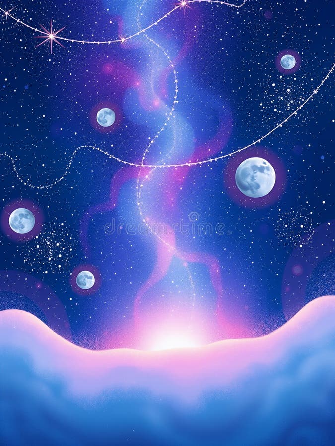 A Magical Night Sky with Multiple Moons and Stars Stock Illustration ...