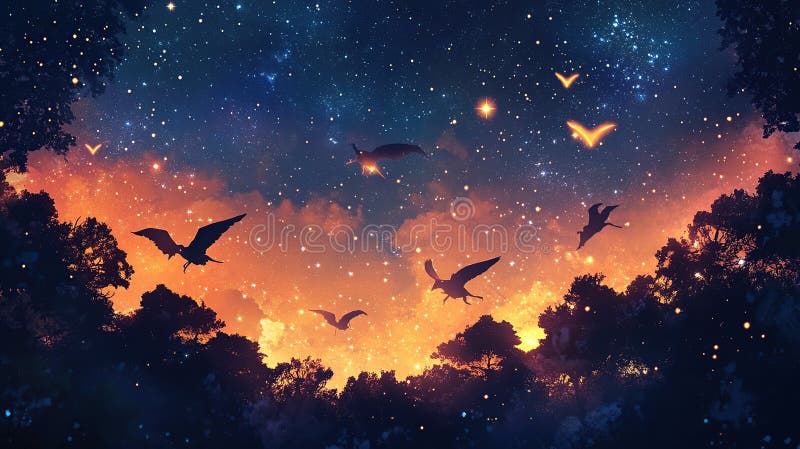 Magical Night Sky Over Silhouetted Forest with Birds in Flight Stock ...