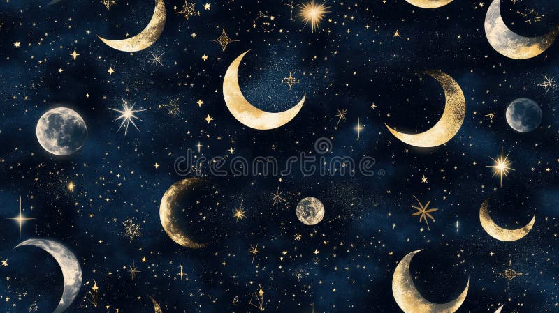 Magical Night Sky Pattern with Golden Moons and Glowing Stars Stock Image - Image of celestial ...