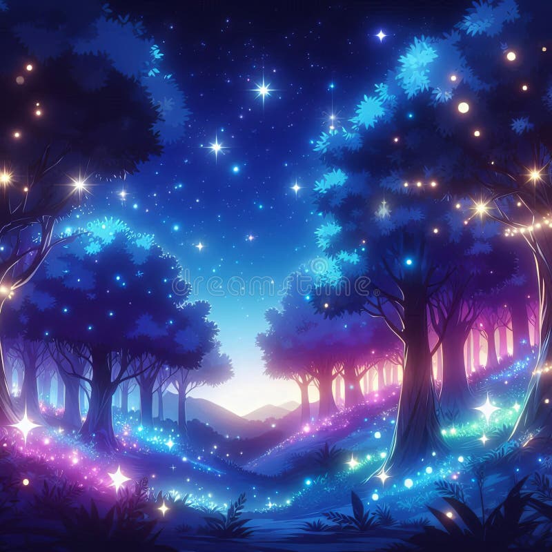 Magical Forest Night stock illustration. Illustration of luminous ...