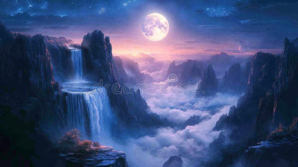 Magical Night Waterfall Landscape with Full Moon Stock Illustration ...