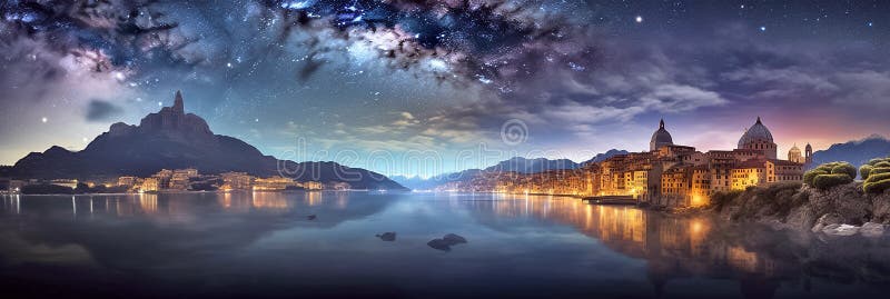 Magical Nightscape Panorama of Town on Sea Shore. Generative AI Stock ...