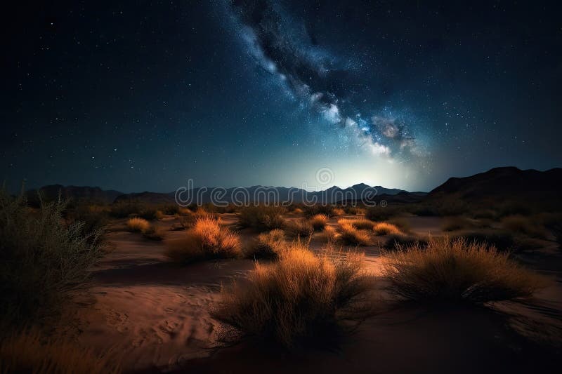 Magical Nighttime Desert with Stars and Moon Shining Overhead Stock ...