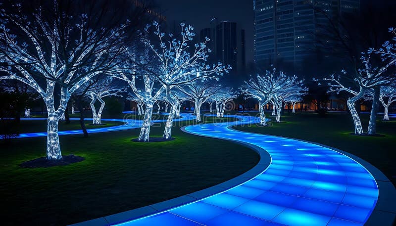 Magical Nighttime Park Path with Illuminated Trees Stock Image - Image ...