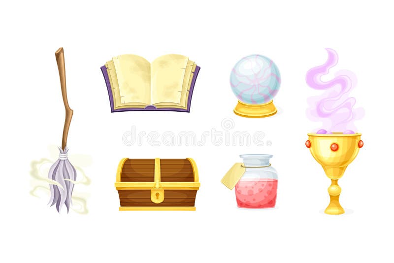 Magical Object and Witchcraft with Broom, Spellbook, Crystal Ball ...