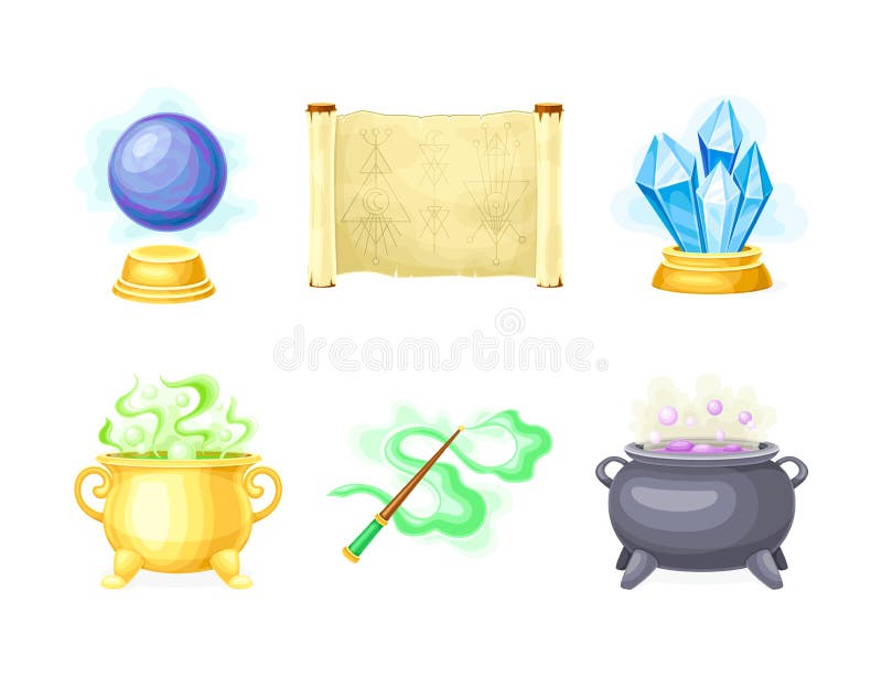 Magical Object and Witchcraft with Crystal Ball, Scroll, Magic Wand and ...
