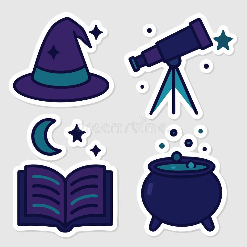 Magical Objects Set Fantasy Icons Including a Wizard Hat, Telescope ...