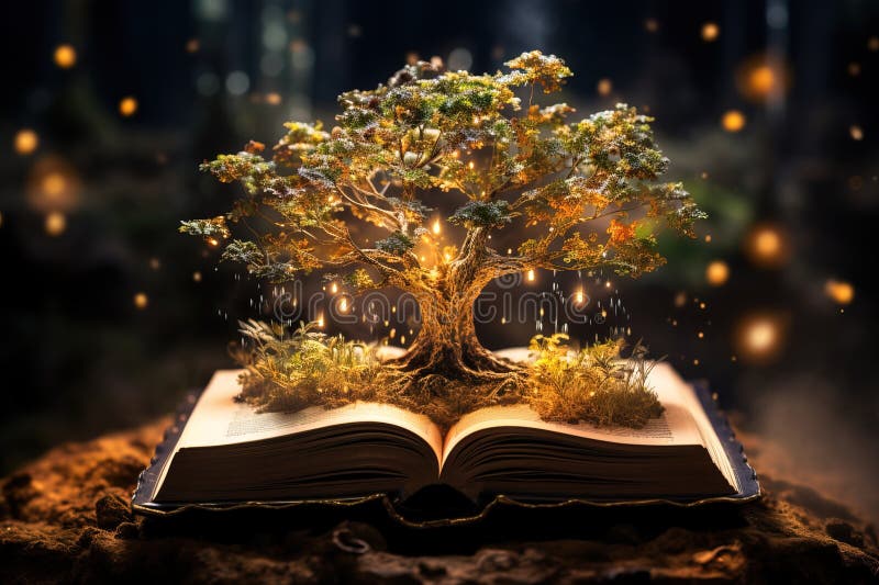 A Magical Old Book, from the Pages of Which a Tree Grows, in a Bright ...