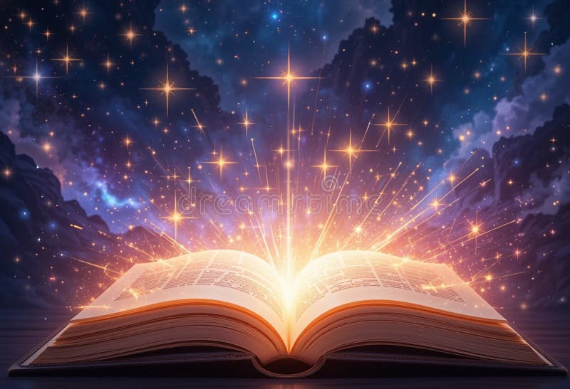 A Magical Open Book with Cosmic Energy and Starlight Stock Image ...