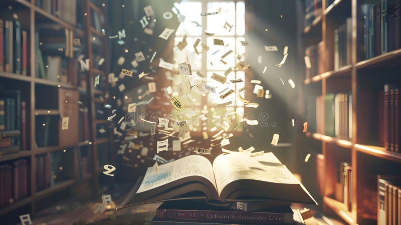 Magical Open Book in Enchanted Library Floating Letters and Page ...