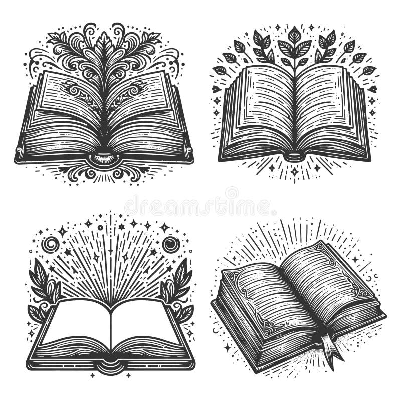 Magical Open Book Engraving Set Vector Collection Stock Illustration ...