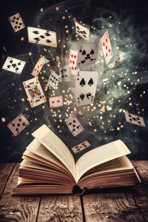 Magical Open Book with Floating Playing Cards Creating an Enchanting ...