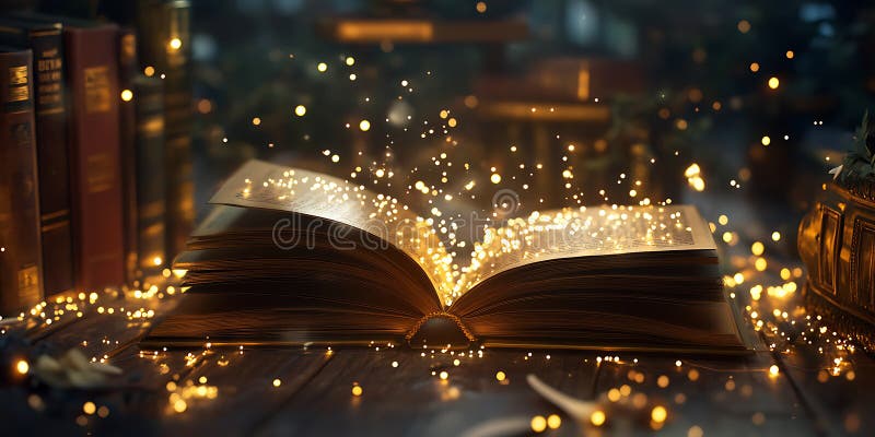Magical Open Book with Glowing Light Background Stock Illustration ...