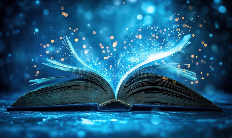 Magical Open Book Glowing Pages Sparkling Particles Blue Background ...