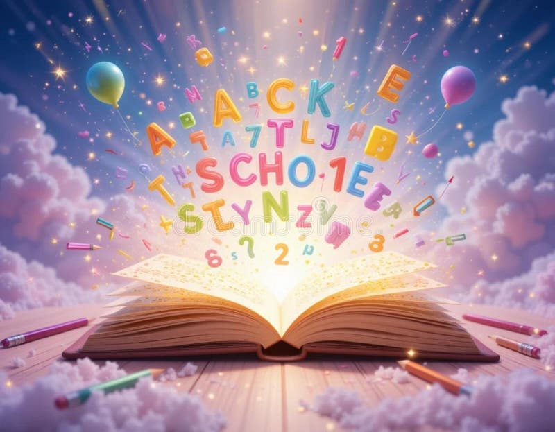 Magical Open Book with Letters and Numbers Soaring into the Sky Stock ...