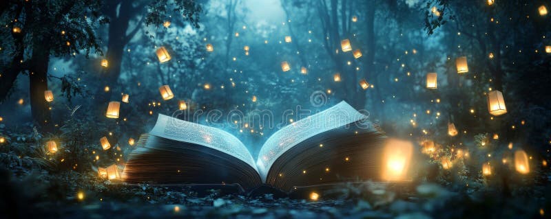 A Magical Open Book with Pages Transforming into Floating Lanterns ...