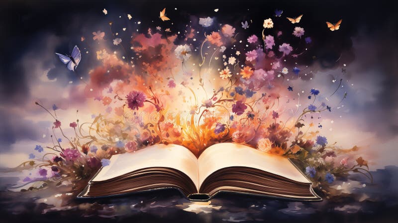 A Magical Open Book Surrounded by Vibrant Flowers and Butterflies, Symbolizing Creativity and ...