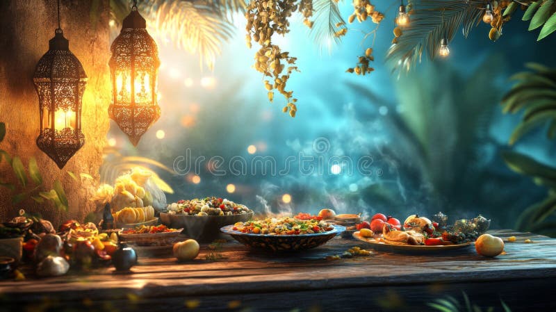A Magical Outdoor Feast with Lanterns and Steaming Dishes Stock ...