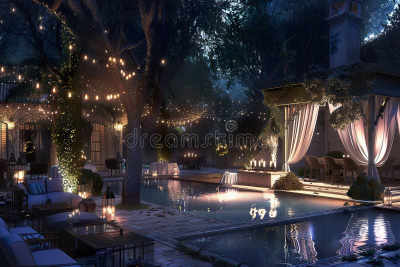 Magical Outdoor Night Wedding Setup with Elegant Lighting Stock Photo ...