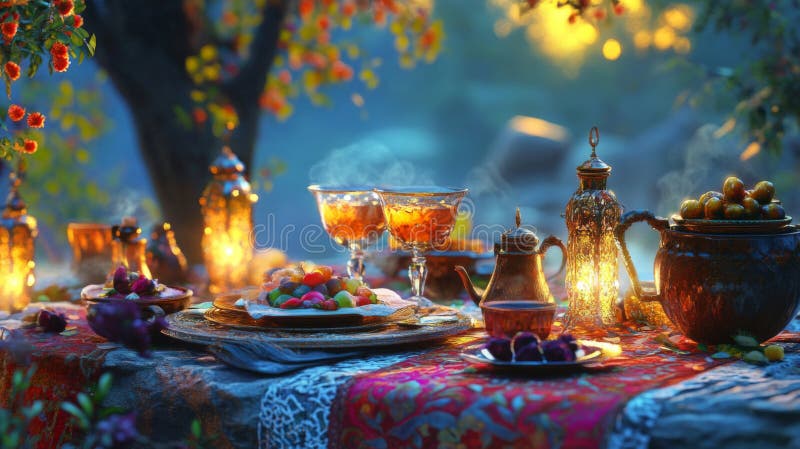 Magical Outdoor Table Setting with Warm Evening Light Stock ...