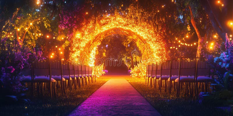 Magical Outdoor Wedding Ceremony Setup with Glowing Arch and ...