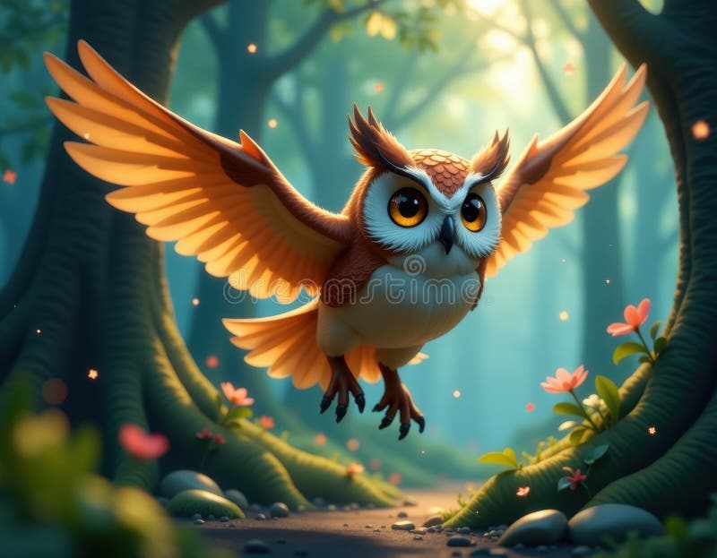 Magical Owl in Flight through Enchanted Forest Stock Illustration ...