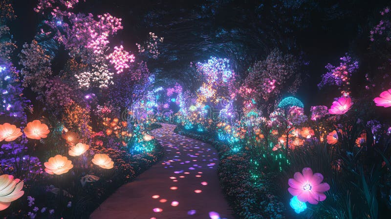 A Magical Path through a Glowing Forest of Bioluminescent Flowers Stock ...