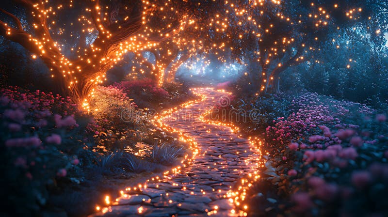 Magical Path Winding through Enchanted Forest at Night, Illuminated by ...