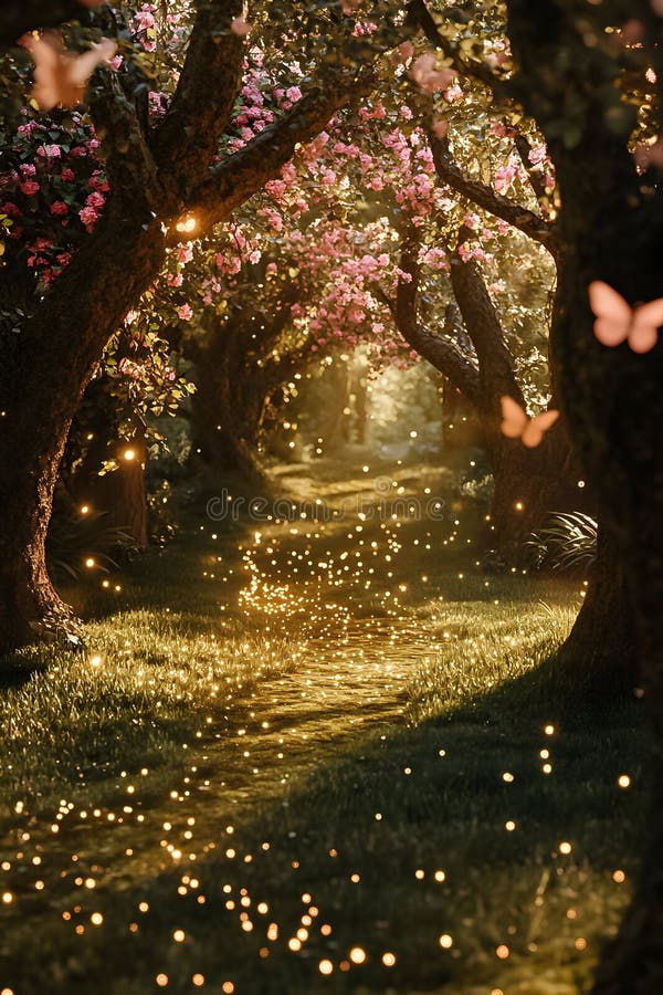 Magical Pathway through Blooming Trees with Sparkling Lights and ...
